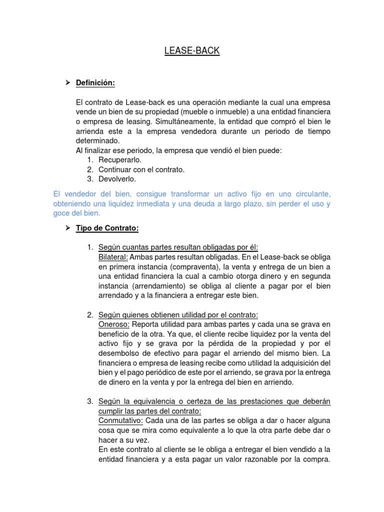 Definición y Tipos de Lease-back | PDF | Arrendamiento | Derecho privado