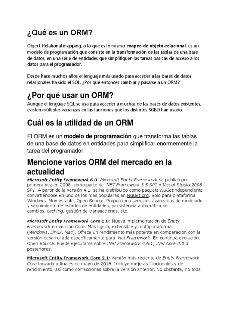 Qué Es Un ORM | PDF | Mapeo Relacional de Objetos | .NET Framework