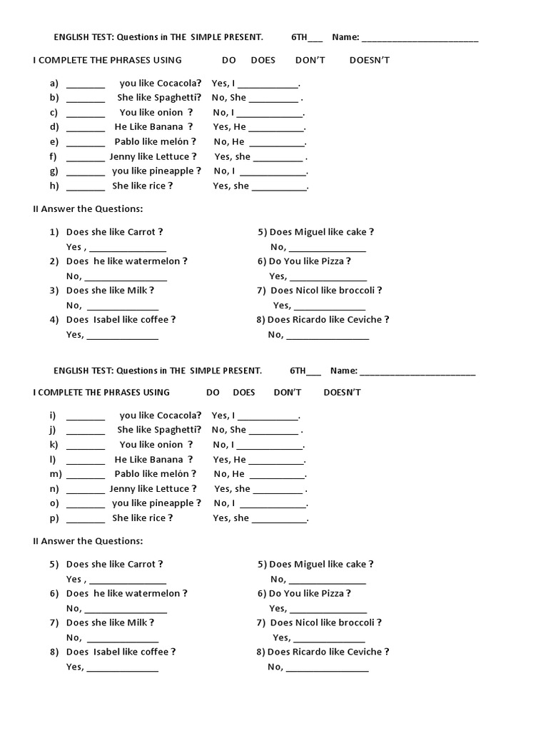 ENGLISH TEST Do Does 6th Grade | PDF | Cuisine | Cooking
