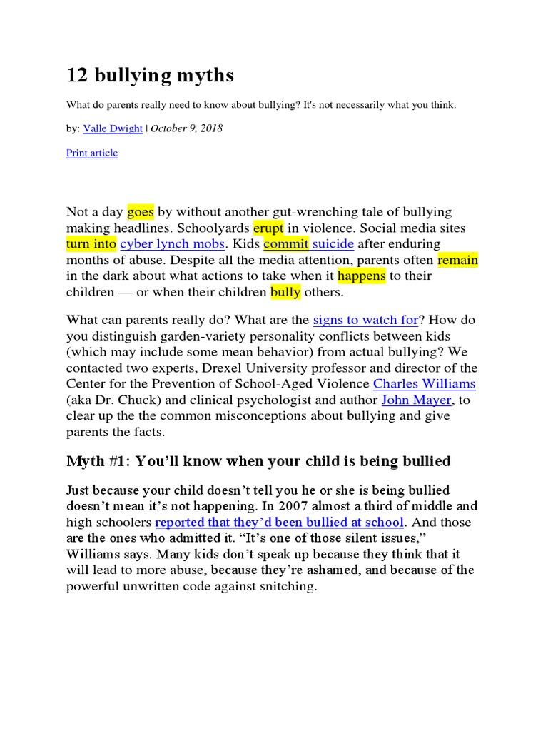 12 Bullying Myths Pdf Bullying Cyberbullying