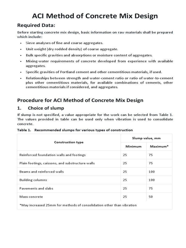 ACI Method of Concrete Mix Design | PDF | Construction Aggregate | Concrete