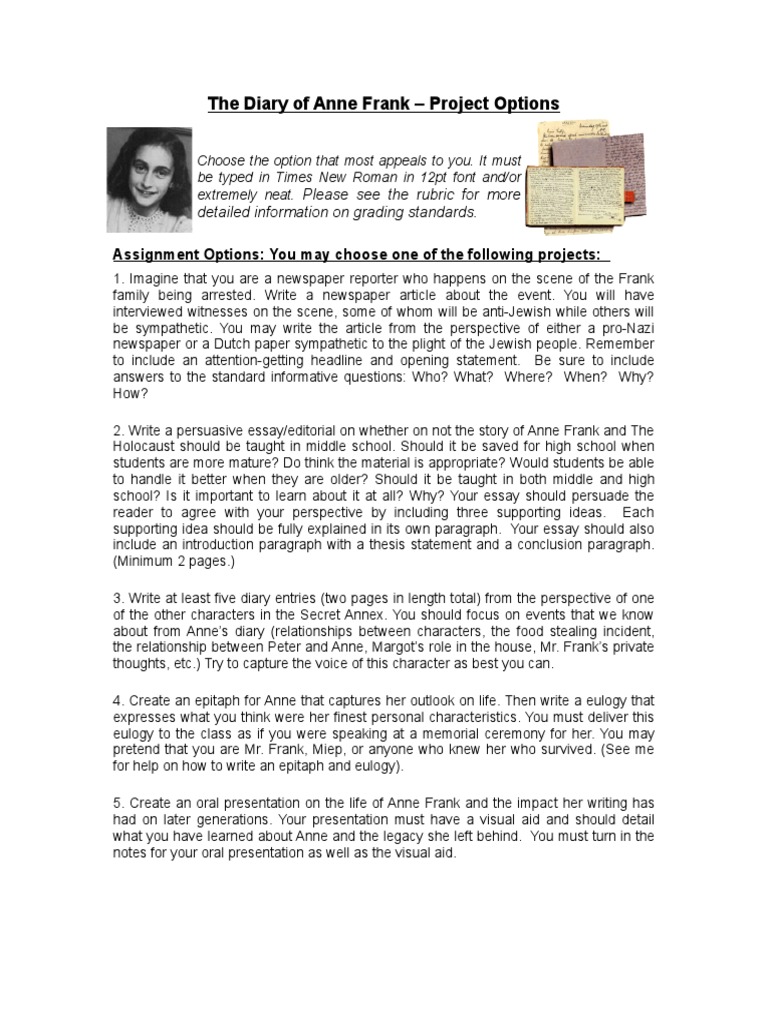 Anne Frank Project Options Guide | PDF | Anne Frank | Essays