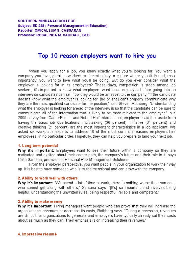 Top 10 Reason Employers Want To Hire You | PDF | Résumé | Employment