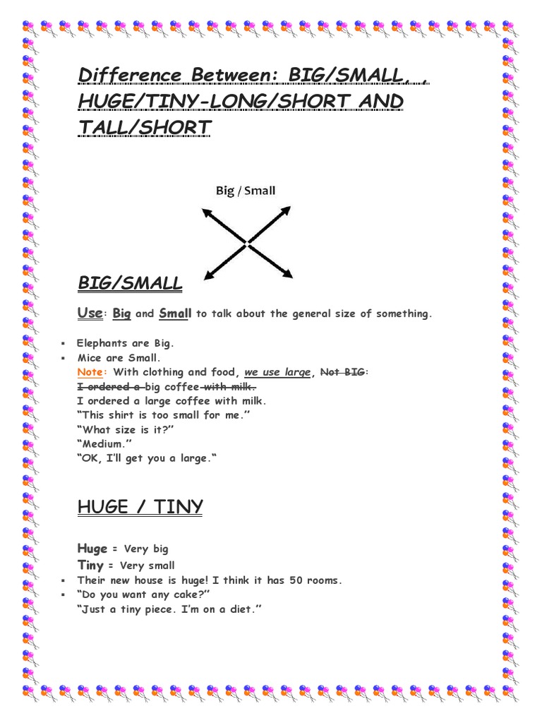 Difference Between: BIG/SMALL,, Huge/Tiny-Long/Short and Tall/Short | PDF