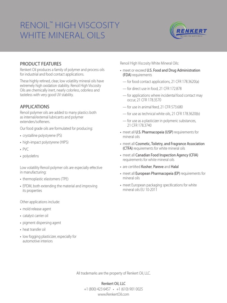 Renoil High Viscosity White Mineral Oils | PDF | Polystyrene | Oil