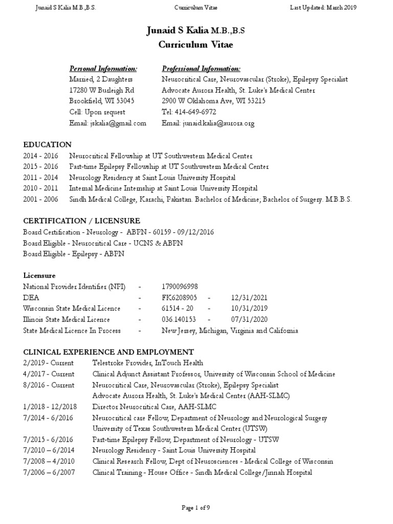 Junaid Kalia CV | PDF | Angiography | Stroke