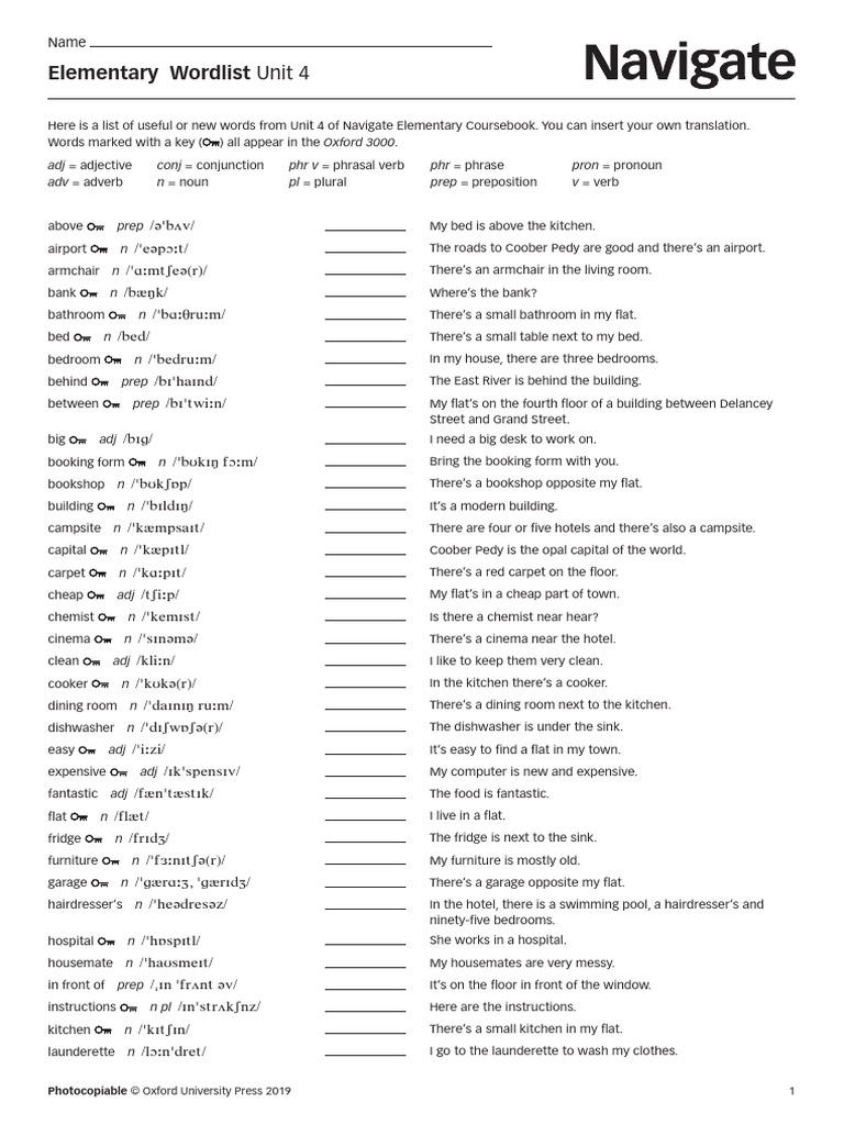 Nav Elem Wordlist Unit 4 | PDF | Verb | Linguistics