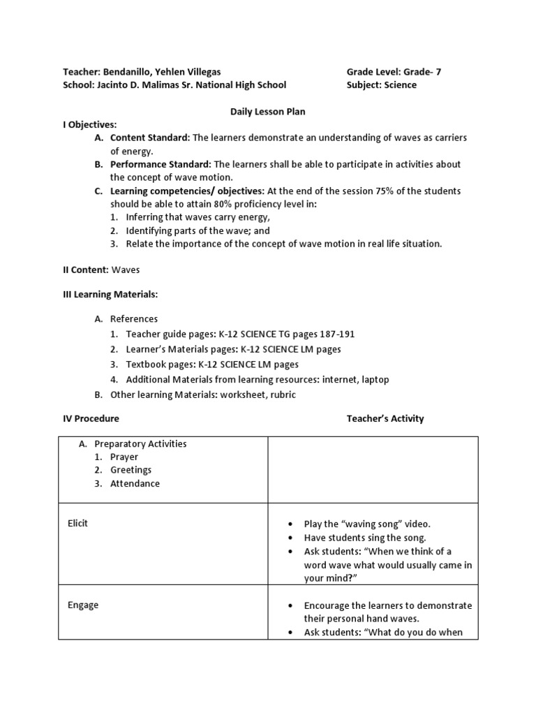 Grade 7 Science Lesson on Waves | PDF | Teachers | Lesson Plan