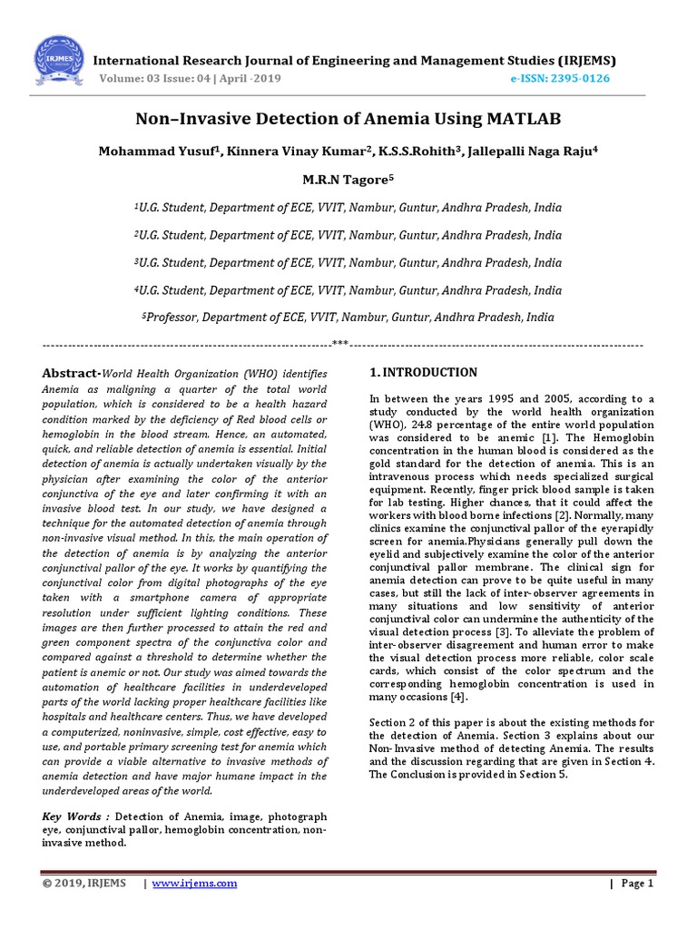 Non-Invasive Detection of Anemia Using MATLAB IRJEMS Paper PDF | PDF | Anemia | Color