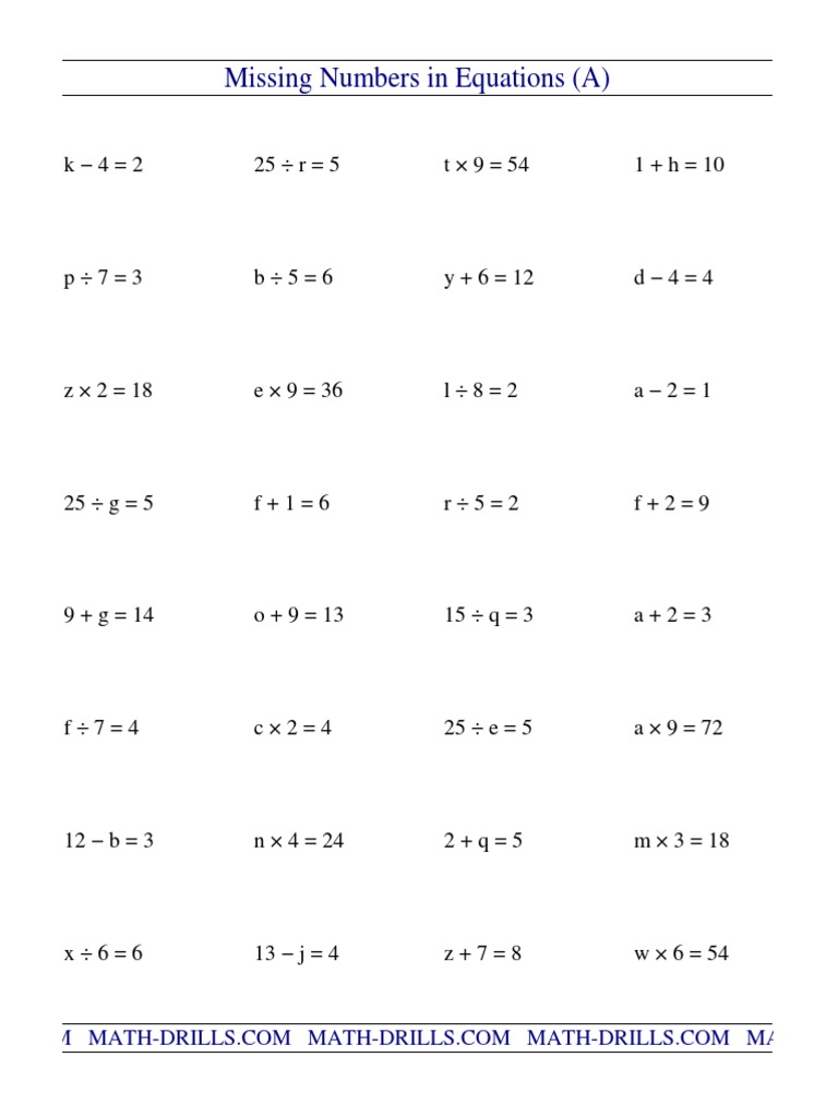 Algebra Missing Numbers in Equations Variables 001 PDF | PDF