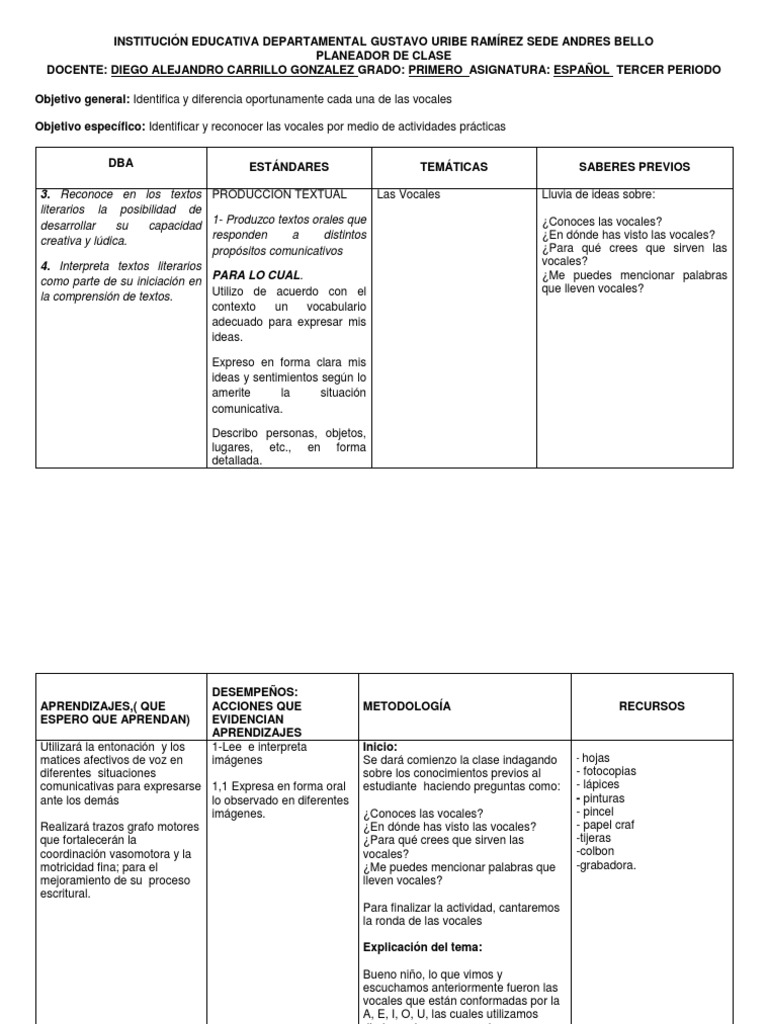 Clase Modelo Las Vocales Eduar Santiago 1 Andres Bello 2018 | PDF ...
