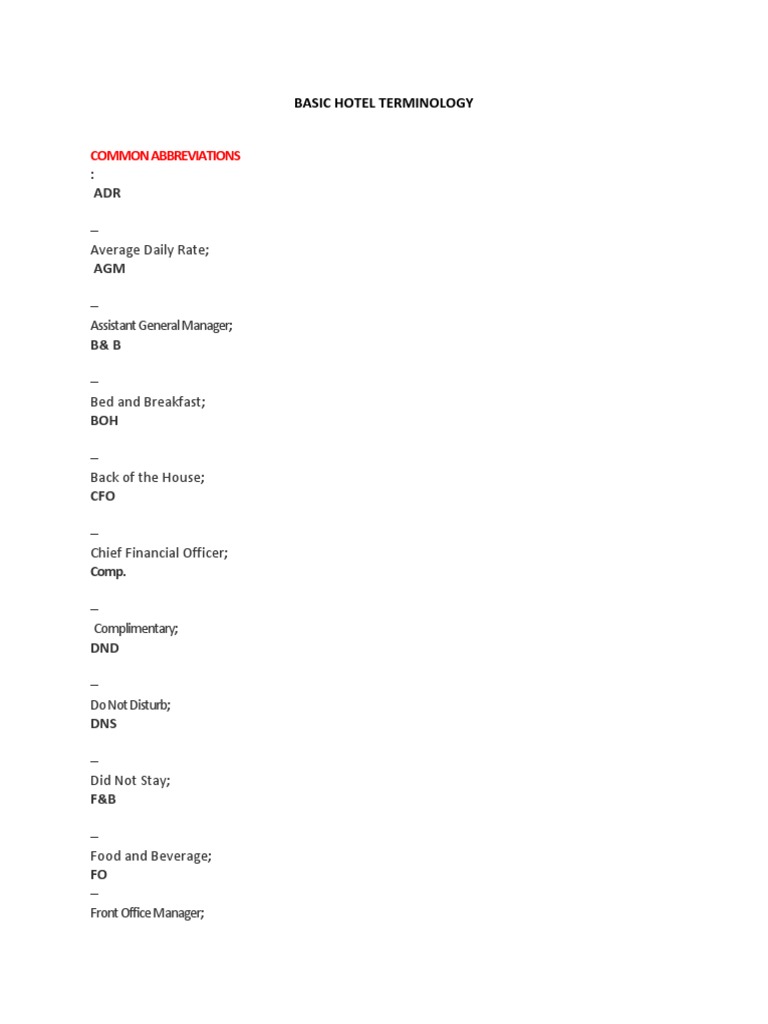 Basic Hotel Terminology | PDF | Hotel | Bed And Breakfast