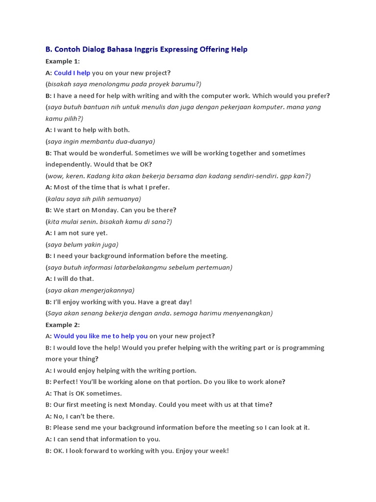 B. Contoh Dialog Bahasa Inggris Expressing Offering Help | PDF ...