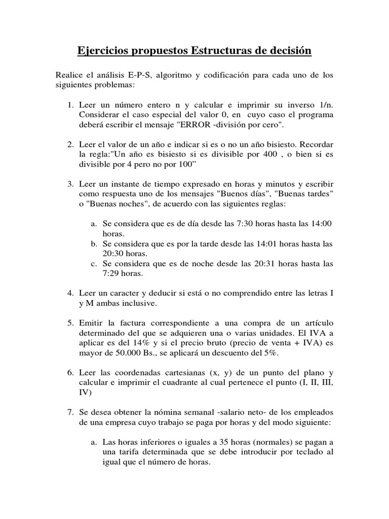 Ejercicios de Estructuras de Decisión | PDF | Ecuaciones | Enseñanza de matemática
