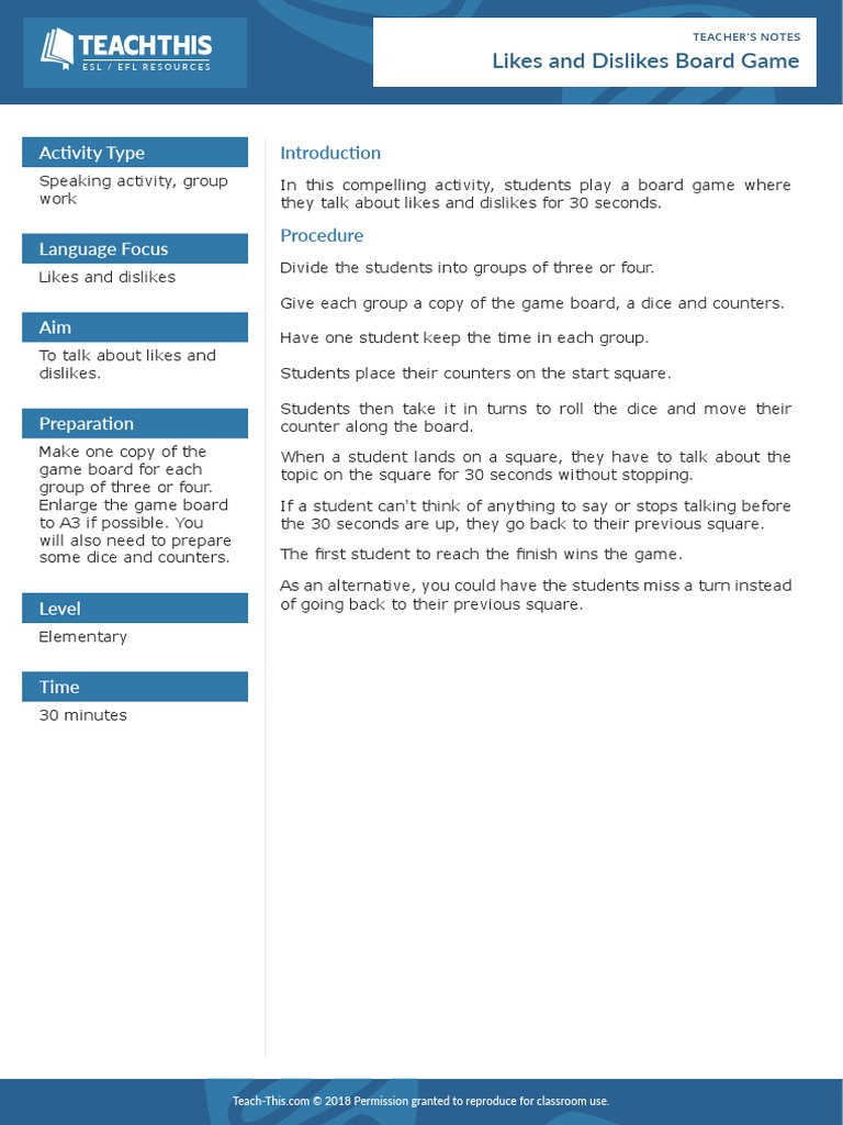 Likes and Dislikes Board Game | PDF | English As A Second Or Foreign ...