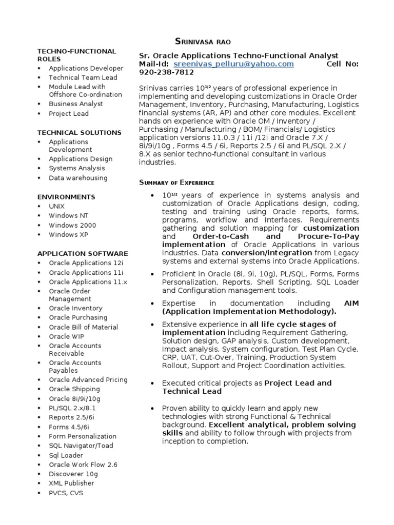 Techno-Functional Roles: Rinivasa RAO | PDF | Oracle Database | Application Programming Interface