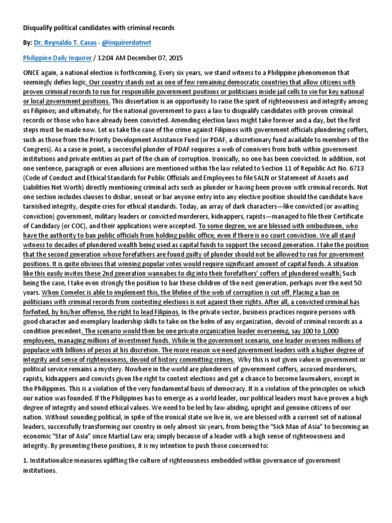 Disqualify Political Candidates With Criminal Records | PDF | Integrity ...