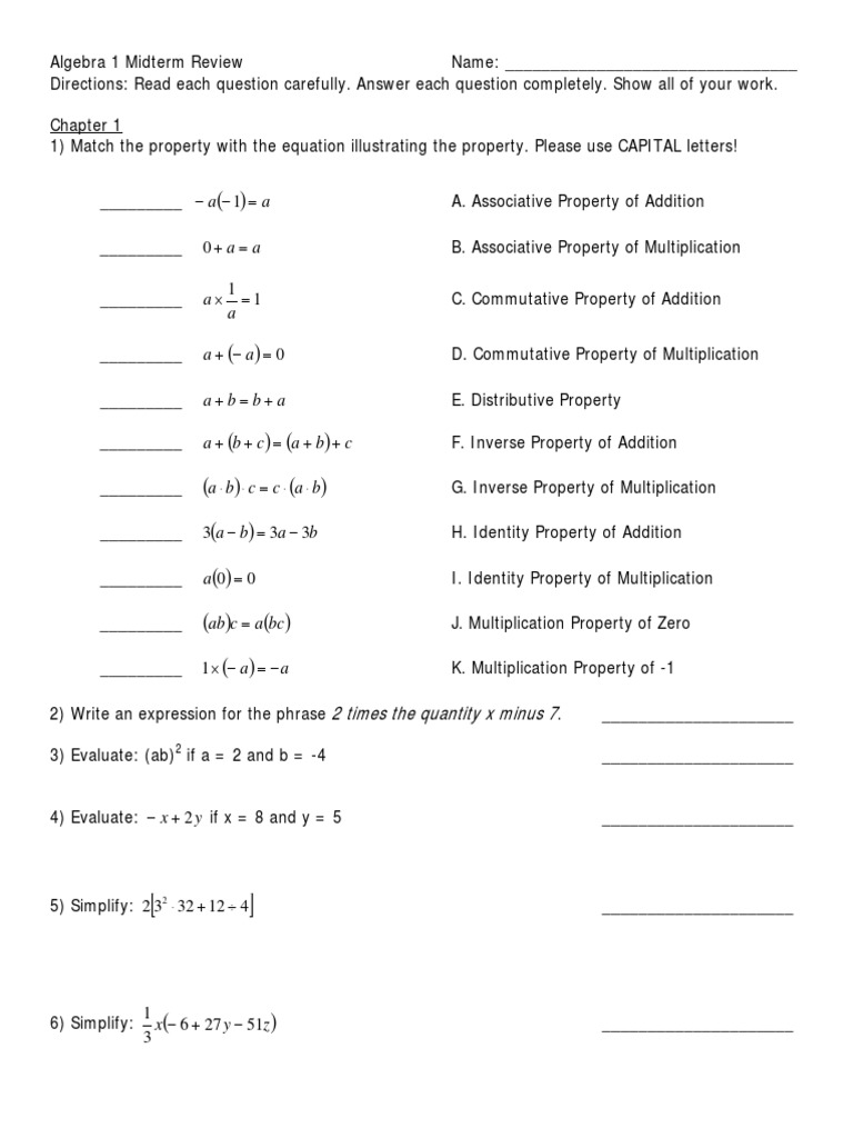 Algebra Midterm Exam Study Guide | PDF | Function (Mathematics ...