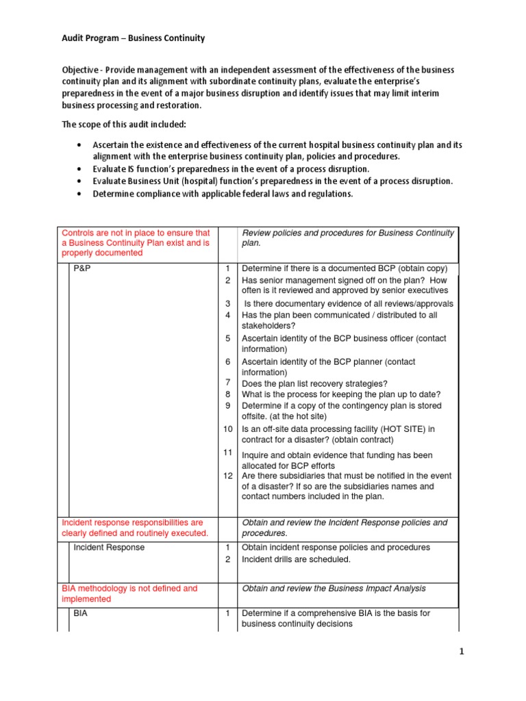 Audit Program - Business Continuity | PDF | Audit | Information Technology