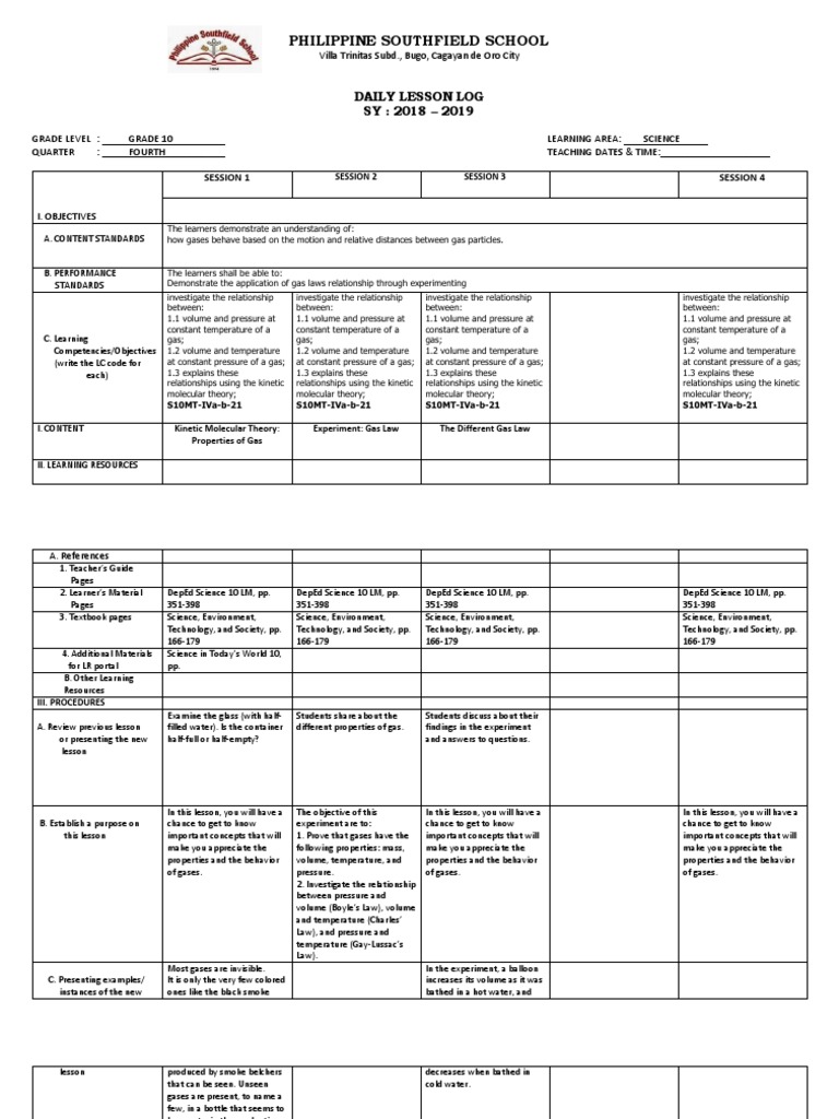 Science G10 A DLL Q4-W1 | PDF | Gases | Temperature