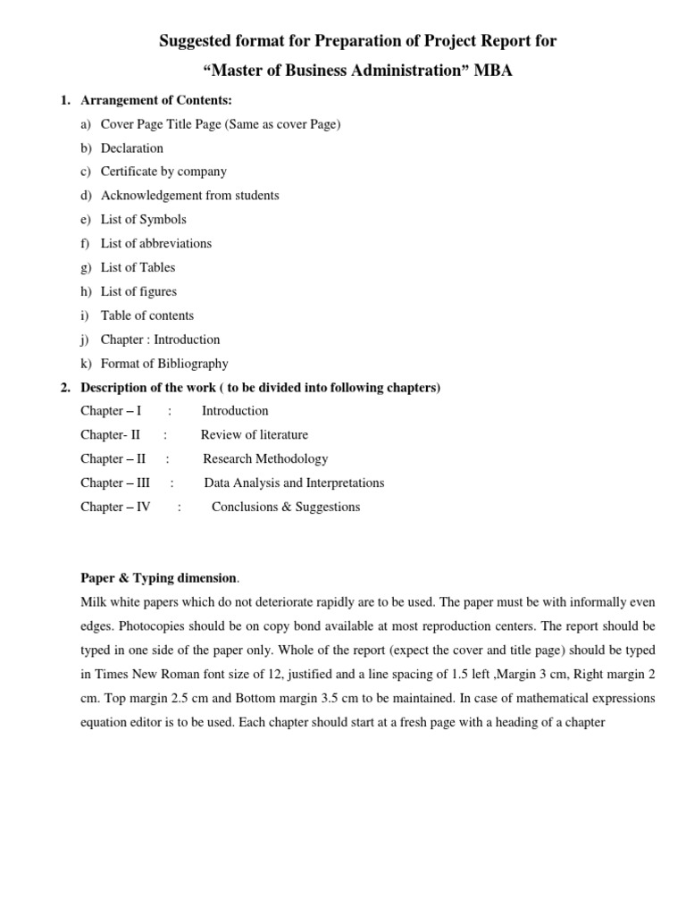 Suggested Format For Preparation of Project Report For "Master of ...