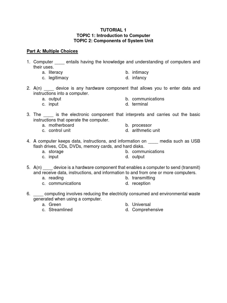 Tutorial 1 TOPIC 1: Introduction To Computer TOPIC 2: Components of ...