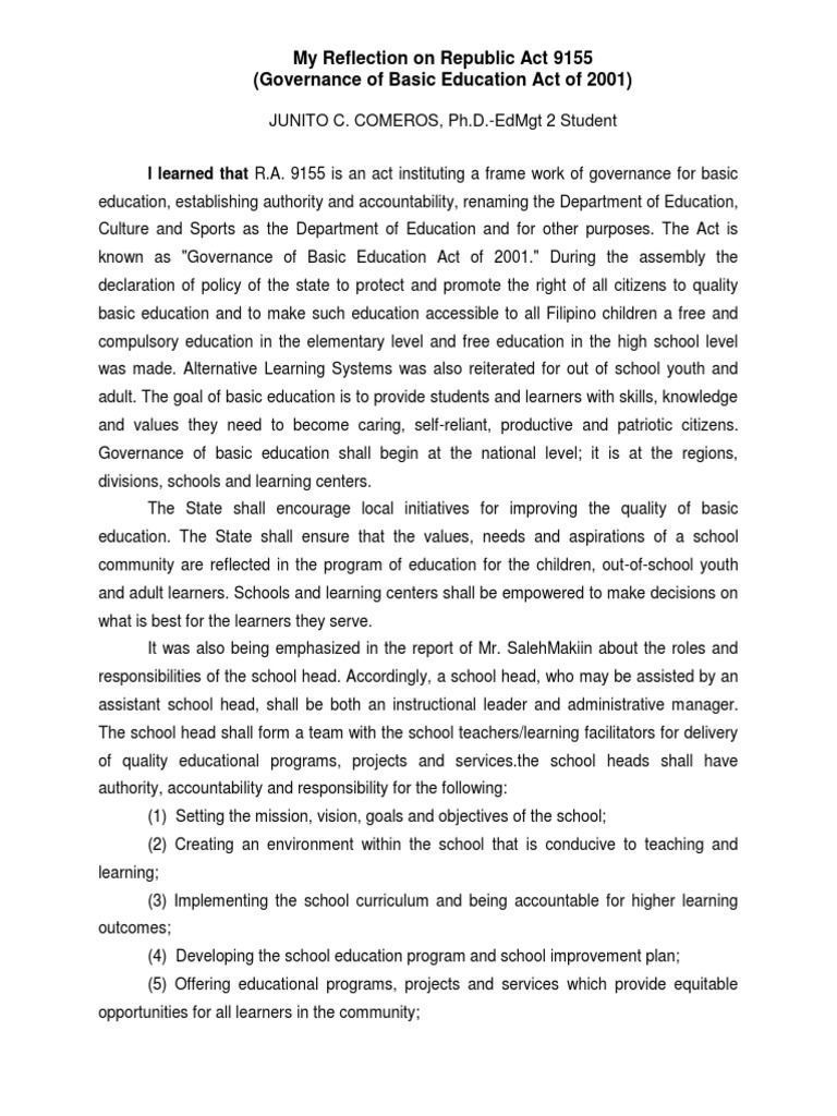 Reflection On RA 9155 | PDF | Leadership | Teachers