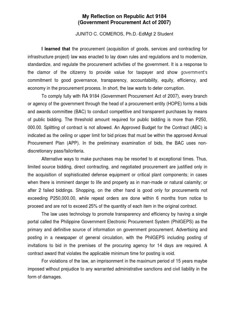 Reflection On RA 9184 | PDF | Procurement | Public Sphere