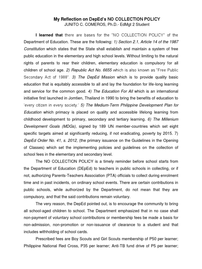Reflection on No Collection Policy.docx | State School | Teachers