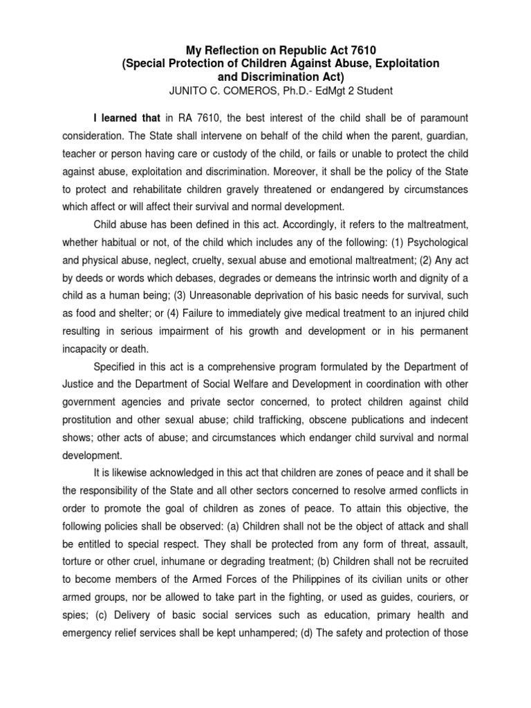 Reflection On RA 7610 | PDF | Child Abuse | Aggression