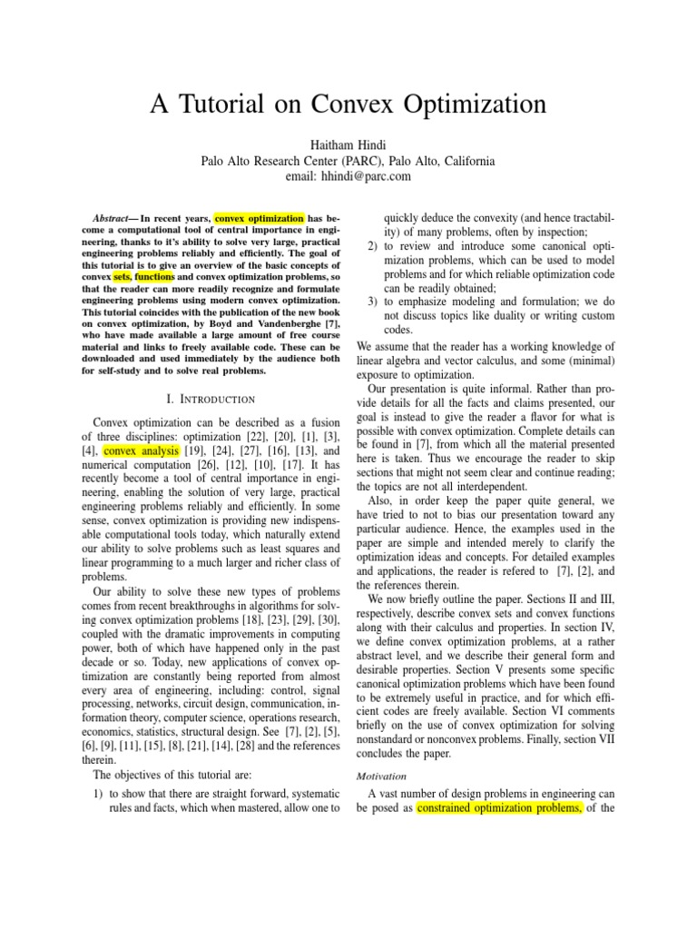 A Tutorial On Convex Optimization (Haitham Hindi) | PDF | Mathematical ...