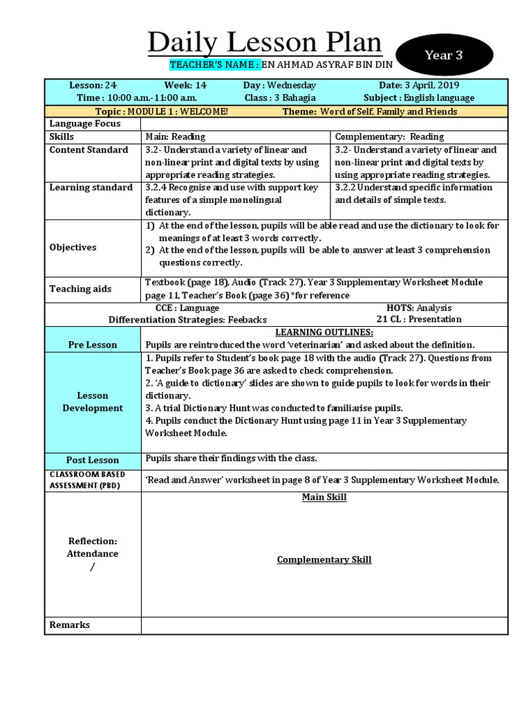 Lesson Plan Y3 D3 W14 | PDF | Reading Comprehension | Lesson Plan
