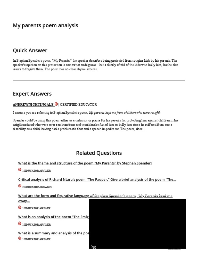My Parents Poem Analysis: 1 Educator Answer | PDF