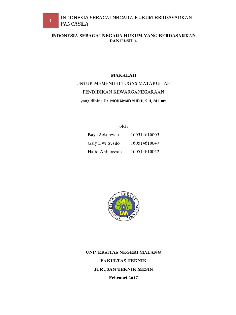 Makalah Indonesia Sebagai Negara Hukum Yang Berdasarkan Pancasila | PDF | Politik