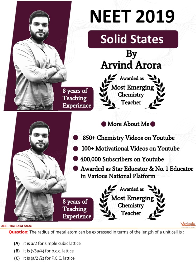 Chemistry - Solid State MCQ Jee Neet New | PDF | Crystal Structure ...