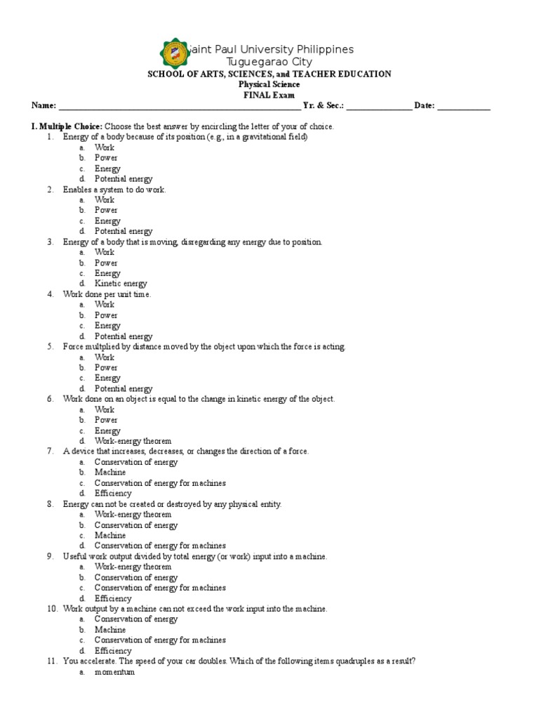 Saint Paul University Philippines Physical Science Final Exam | PDF | Force | Acceleration