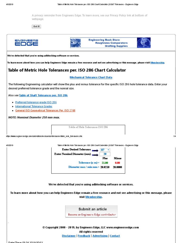 Table of Metric Hole Tolerances Per. ISO 286 Chart Calculator - GD&T ...