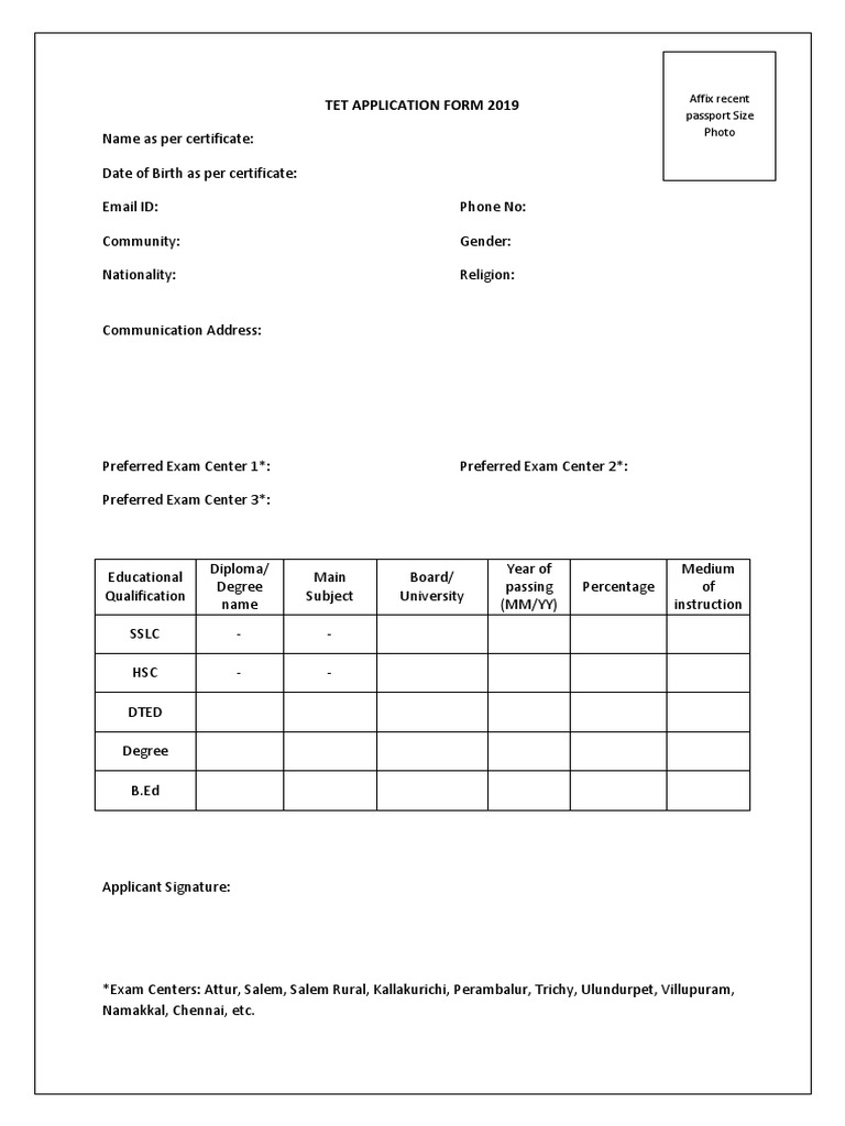 Tet Application Form 2019: Affix Recent Passport Size Photo | PDF