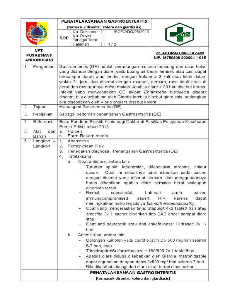 SOP GASTROENTERITIS (Termasuk Disentri, Kolera Dan Giardiasis) | PDF