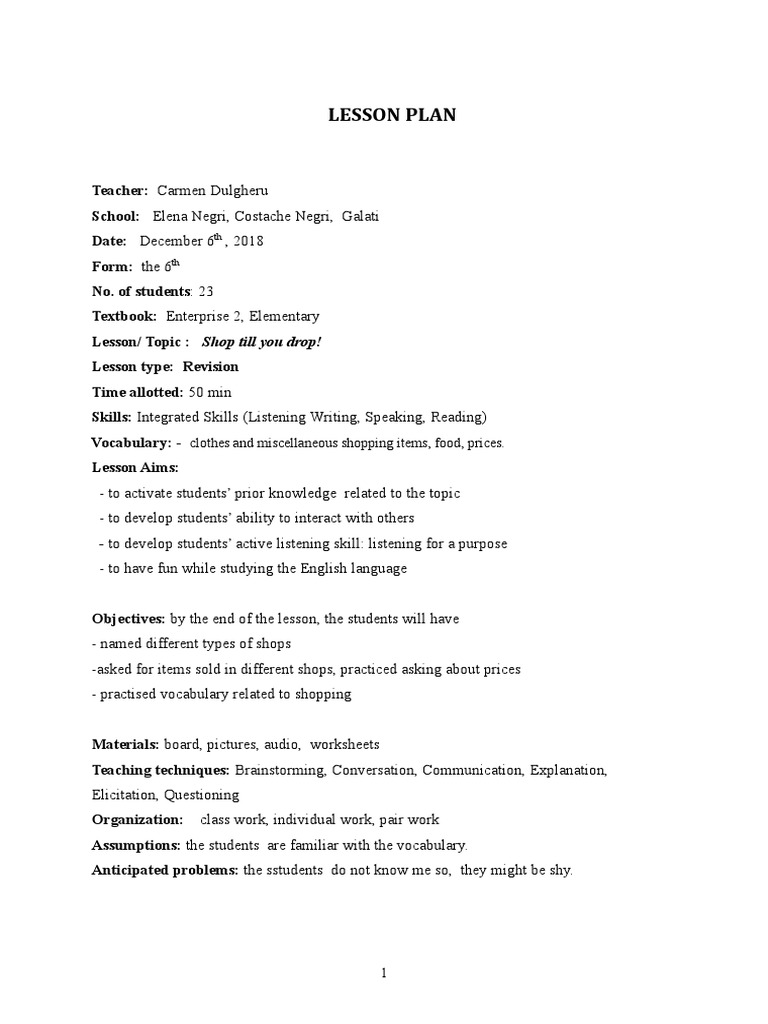 Lesson Plan: Clothes and Miscellaneous Shopping Items, Food, Prices ...