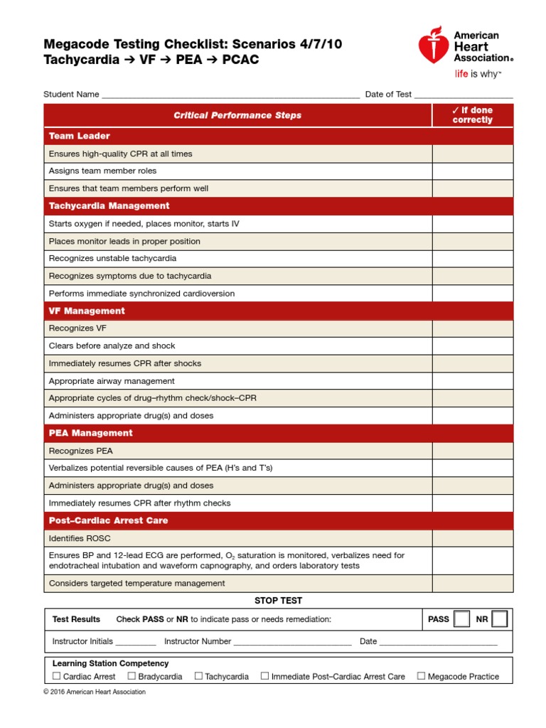 Megacode Testing Checklist Scenarios 4-7-10 Tachycardia, VF, PEA, PC ...