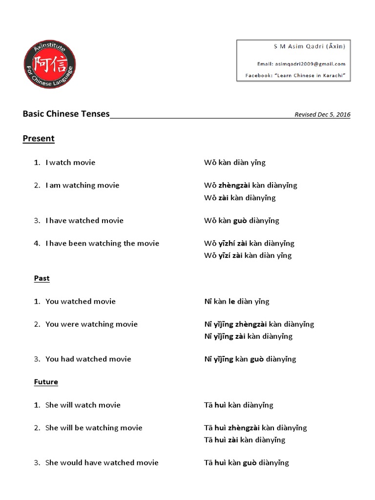 Basic Chinese Tenses Present: Revised Dec 5, 2016 | PDF