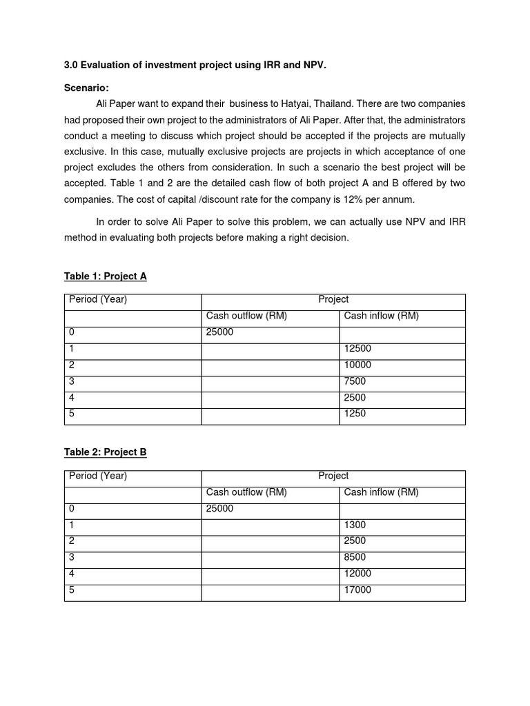 Evaluation Of Investment Project Using Irr And Npv Pdf Internal Rate Of Return Net Present