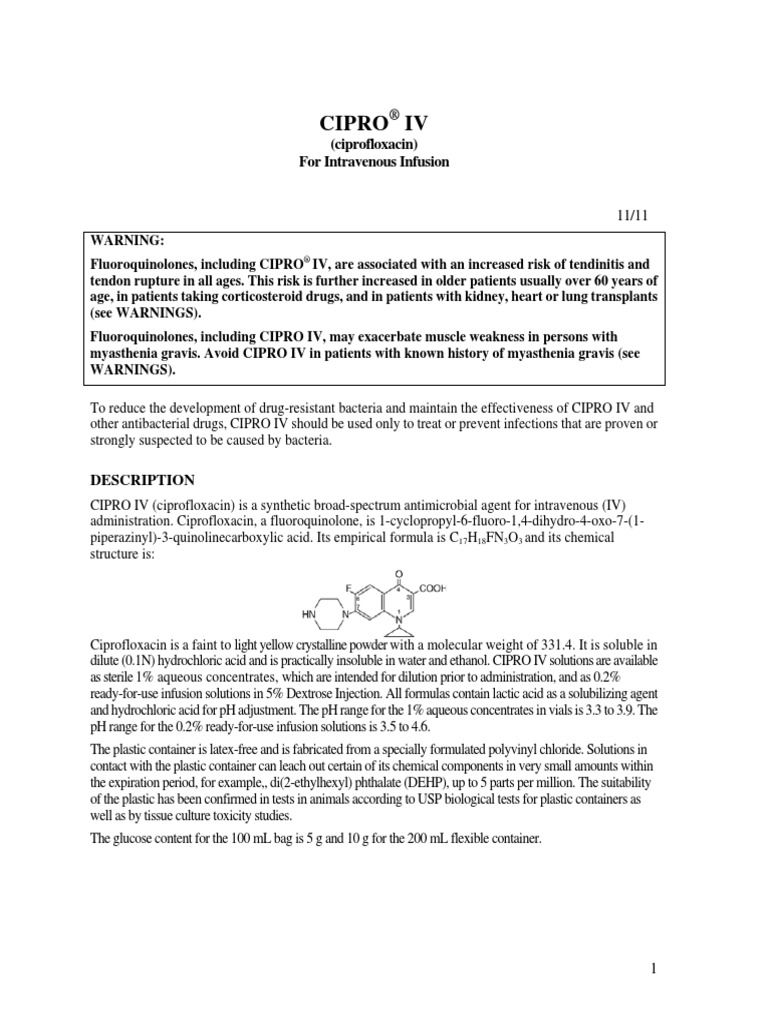 Cipro IV: (Ciprofloxacin) For Intravenous Infusion | PDF | Pneumonia ...