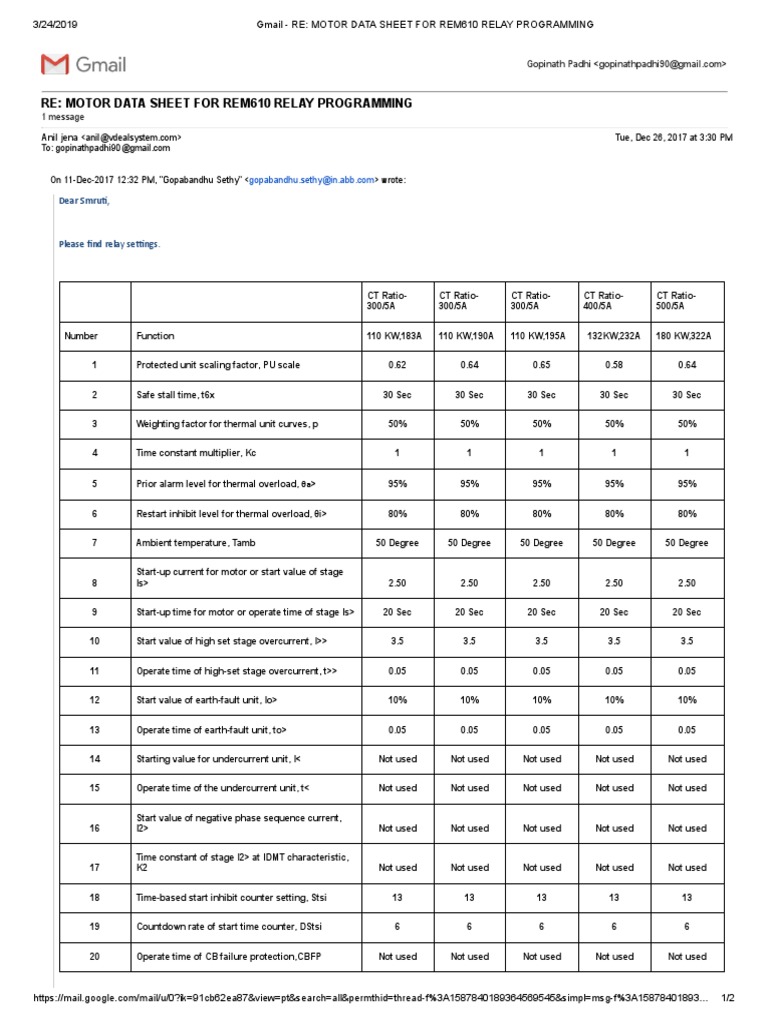 Motor Data Sheet For Rem610 Relay Programming | PDF | Mechanical Engineering | Physical Quantities