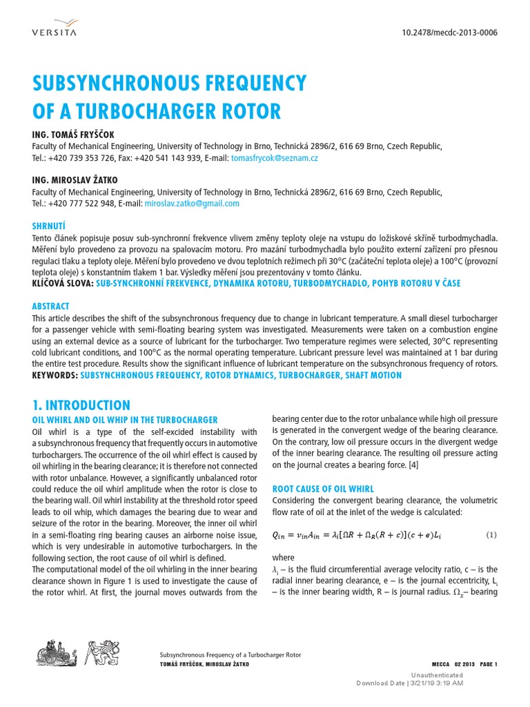 Turbocharger Rotor Subsynchronous Frequency | PDF | Engines | Bearing ...
