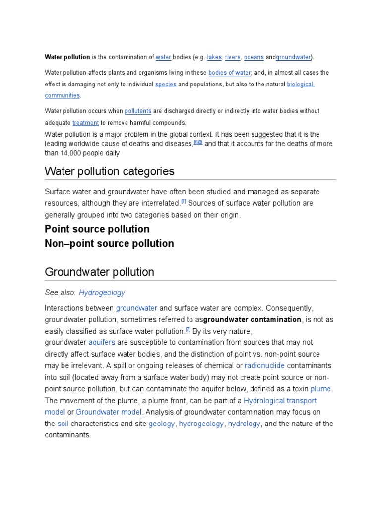 Water Pollution Categories: Point Source Pollution Non-Point Source ...