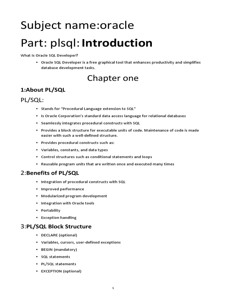 Subject Name:oracle Part: PLSQL:: Chapter One | PDF | Pl/Sql | Control Flow