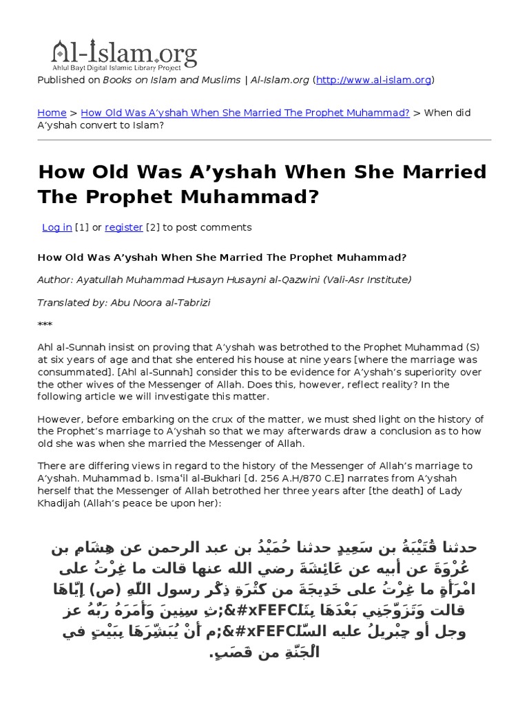 How Old Was A'yshah When She Married The Prophet Muhammad? | PDF ...