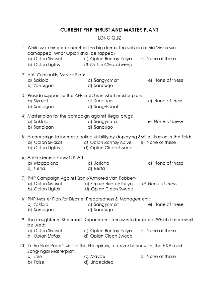 CURRENT PNP THRUST AND MASTER PLANS Long Quiz 2019 PDF | PDF ...